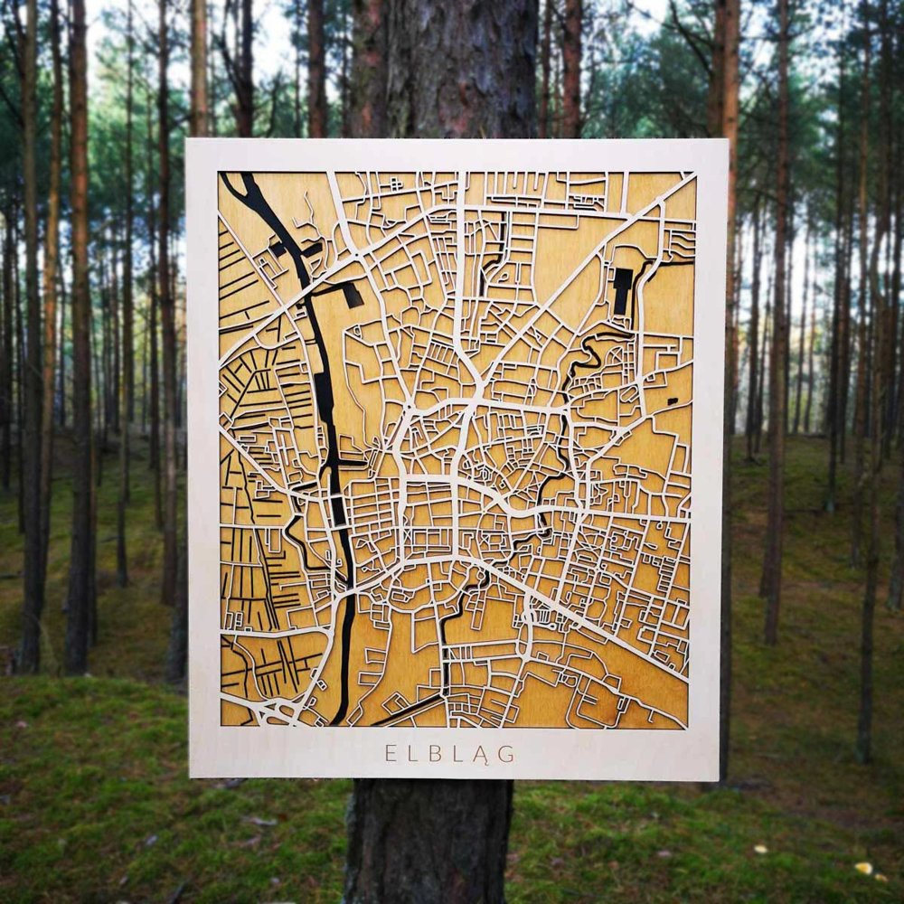 Drewniana mapa Elbląg (dark) | Wood-shop.pl